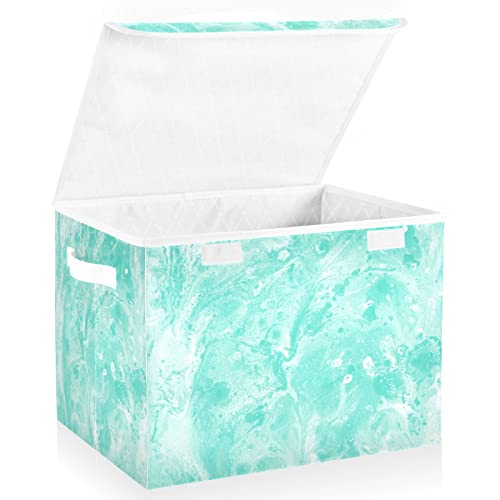 Kigai Storage Basket Abstract Marble Mint Green Storage Boxes with Lids and Handle, Large Storage Cube Bin Collapsible for Shelves Closet Bedroom Living Room, 16.5x12.6x11.8 In