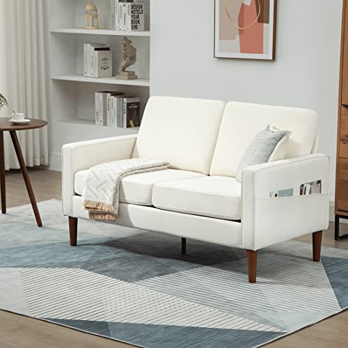 Modern Living Room Loveseat Sofa Couches, Upholstered Linen Fabric Love Seat Armchair Couch with Wide Wooden Legs for Living Room and Office, Beige