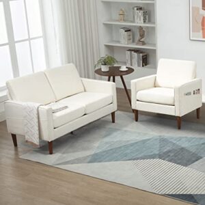 Modern Living Room Loveseat Sofa Couches, Upholstered Linen Fabric Love Seat Armchair Couch with Wide Wooden Legs for Living Room and Office, Beige