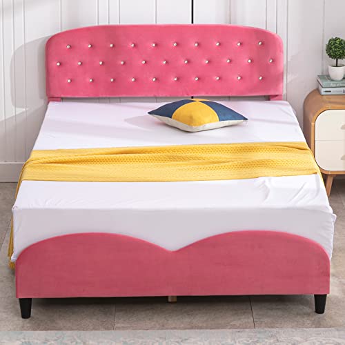 Mixoy Kids Full Size Bed Frame with Headboard, Velvet Upholstered Platform Bed with Slatted Bed Base, No Box Spring Needed, Pink Princess Wooden Bed for Girls(Full, Diamonds)