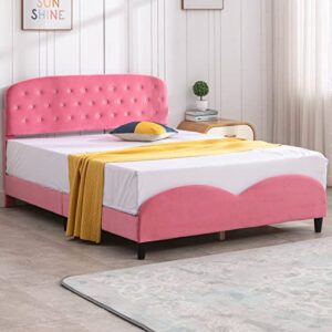 mixoy kids full size bed frame with headboard, velvet upholstered platform bed with slatted bed base, no box spring needed, pink princess wooden bed for girls(full, diamonds)