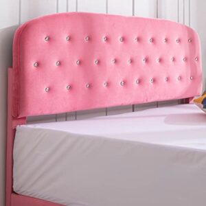 Mixoy Kids Full Size Bed Frame with Headboard, Velvet Upholstered Platform Bed with Slatted Bed Base, No Box Spring Needed, Pink Princess Wooden Bed for Girls(Full, Diamonds)