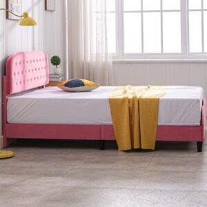 Mixoy Kids Full Size Bed Frame with Headboard, Velvet Upholstered Platform Bed with Slatted Bed Base, No Box Spring Needed, Pink Princess Wooden Bed for Girls(Full, Diamonds)