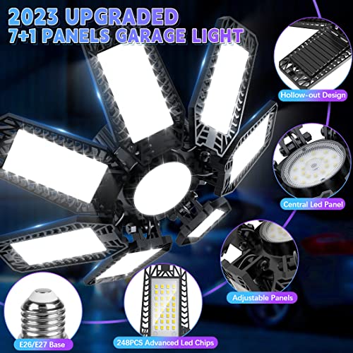 YIVANNUO 2 Pack LED Garage Light, 200W Super Bright Garage Lights Ceiling LED with 7+1 Adjustable Panels 20000LM E26/E27 Deformable Deformable LED Garage Ceiling Lights for Garage, Workshop