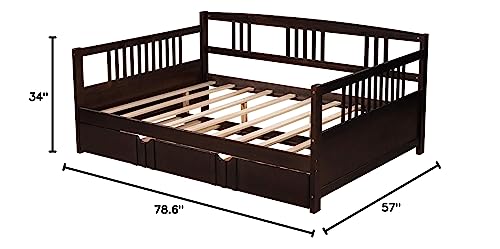 ERDAYE Full Size Daybed Wood Bed with Twin Size Trundle Bed, Espresso