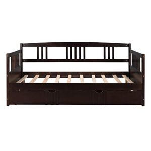 ERDAYE Full Size Daybed Wood Bed with Twin Size Trundle Bed, Espresso