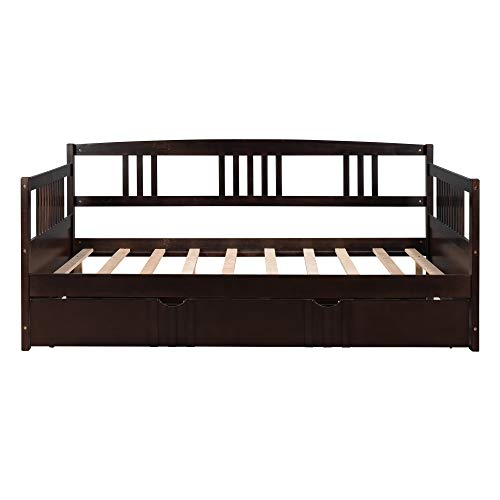 ERDAYE Full Size Daybed Wood Bed with Twin Size Trundle Bed, Espresso