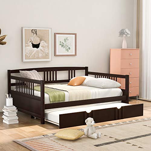 ERDAYE Full Size Daybed Wood Bed with Twin Size Trundle Bed, Espresso