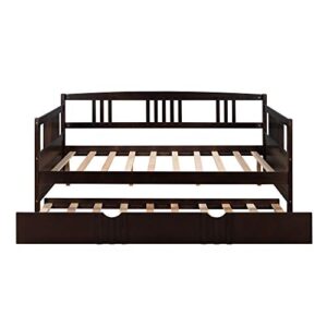 ERDAYE Full Size Daybed Wood Bed with Twin Size Trundle Bed, Espresso