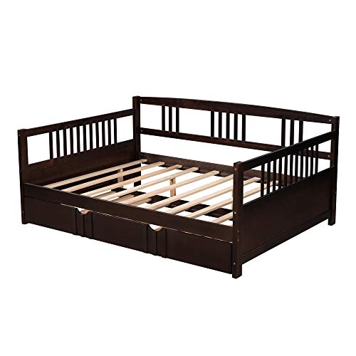 ERDAYE Full Size Daybed Wood Bed with Twin Size Trundle Bed, Espresso