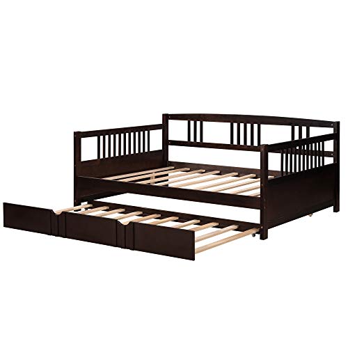 ERDAYE Full Size Daybed Wood Bed with Twin Size Trundle Bed, Espresso