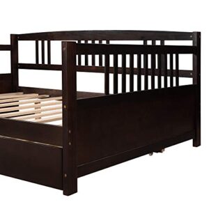 ERDAYE Full Size Daybed Wood Bed with Twin Size Trundle Bed, Espresso