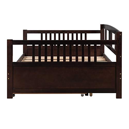 ERDAYE Full Size Daybed Wood Bed with Twin Size Trundle Bed, Espresso