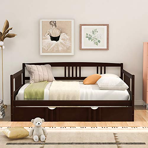 ERDAYE Full Size Daybed Wood Bed with Twin Size Trundle Bed, Espresso