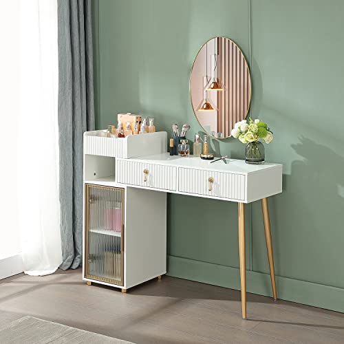 LUKYRA Vanity Desk with Drawers, Makeup Table with Storage Cabinet, White and Gold Dressing Table(Without Mirror)