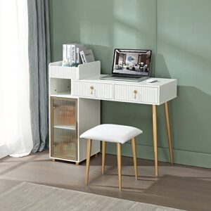 LUKYRA Vanity Desk with Drawers, Makeup Table with Storage Cabinet, White and Gold Dressing Table(Without Mirror)