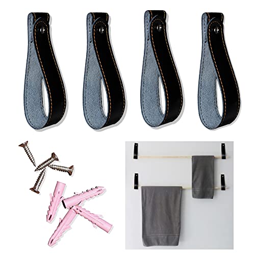 KT Leather Curtain Rod Holder 4 Pcs Leather Straps for Hanging Genuine Leather Straps Leather Hooks for Wall Towel Bathroom Kitchen Bedroom (Black)