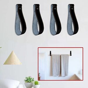 KT Leather Curtain Rod Holder 4 Pcs Leather Straps for Hanging Genuine Leather Straps Leather Hooks for Wall Towel Bathroom Kitchen Bedroom (Black)