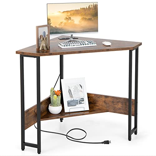 GOFLAME Corner Desk with Power Outlet, Triangle Computer Desk for Small Space, Space-Saving Writing Desk with Storage Shelf and Charging Station, Modern Laptop PC Desk for Home Office (Rustic Brown)