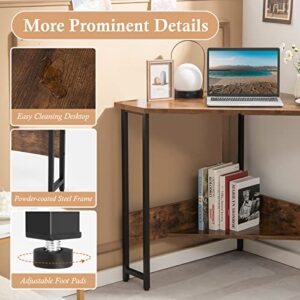 GOFLAME Corner Desk with Power Outlet, Triangle Computer Desk for Small Space, Space-Saving Writing Desk with Storage Shelf and Charging Station, Modern Laptop PC Desk for Home Office (Rustic Brown)