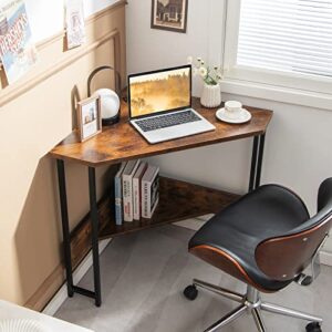 GOFLAME Corner Desk with Power Outlet, Triangle Computer Desk for Small Space, Space-Saving Writing Desk with Storage Shelf and Charging Station, Modern Laptop PC Desk for Home Office (Rustic Brown)