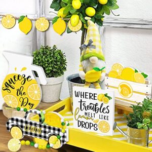 Cocomong Lemon Decor, Lemon Decorations for Kitchen, Lemon Tiered Tray Decor 6 Pieces, Farmhouse Summer Yellow Lemonade Sign for Serving Tray, Decorative Wood Block White and Black Buffalo Plaid Truck