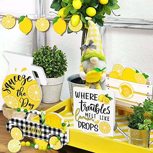 Cocomong Lemon Decor, Lemon Decorations for Kitchen, Lemon Tiered Tray Decor 6 Pieces, Farmhouse Summer Yellow Lemonade Sign for Serving Tray, Decorative Wood Block White and Black Buffalo Plaid Truck