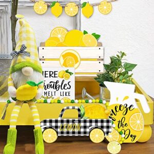 Cocomong Lemon Decor, Lemon Decorations for Kitchen, Lemon Tiered Tray Decor 6 Pieces, Farmhouse Summer Yellow Lemonade Sign for Serving Tray, Decorative Wood Block White and Black Buffalo Plaid Truck