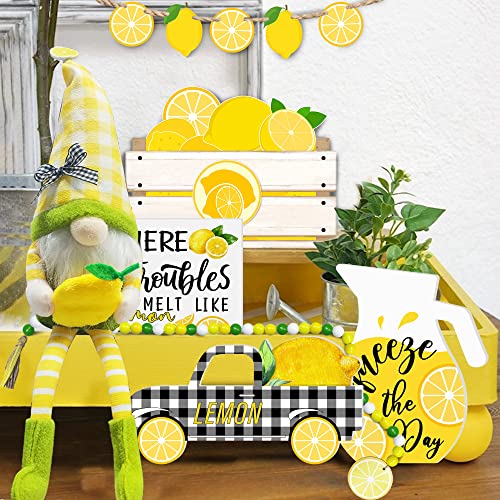 Cocomong Lemon Decor, Lemon Decorations for Kitchen, Lemon Tiered Tray Decor 6 Pieces, Farmhouse Summer Yellow Lemonade Sign for Serving Tray, Decorative Wood Block White and Black Buffalo Plaid Truck