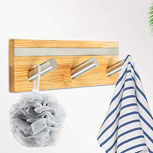 DOITOOL Wooden Wall Mounted Coat Rack Toilet Towel Rail Rack with 3 Hooks Towel Robe Coat Rack for Entryway or Closet Bathroom Storage Racks for Towels & Bath Robes,Bamboo