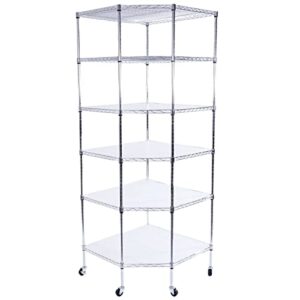 cffuvros 6 tiers standing corner shelf, adjustable metal storage wire shelving unit corner rack corner shelving, with wheels, for restaurant，living room, bathroom, pantry，kitchen