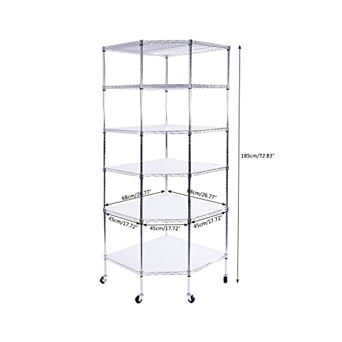 Cffuvros 6 Tiers Standing Corner Shelf, Adjustable Metal Storage Wire Shelving Unit Corner Rack Corner Shelving, with Wheels, for Restaurant，Living Room, Bathroom, Pantry，Kitchen