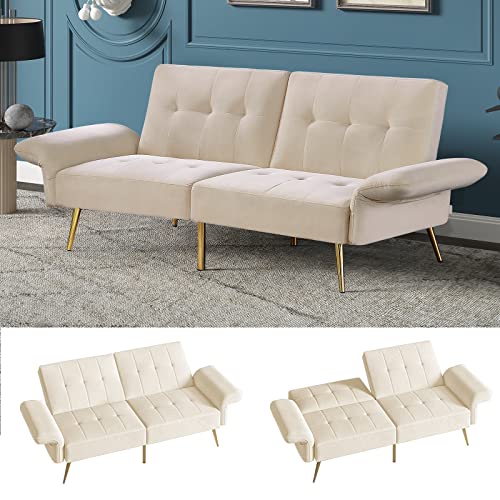 GEEVIVO 78” Velvet Futon Sofa Bed w/Adjustable Armrests,Convertible Futon Couch with Side Bags,Modern Sleeper Loveseat Sofa for Living Room,Bedroom