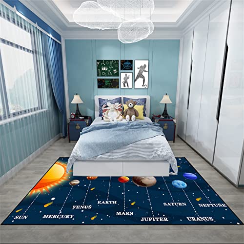 Boys Space Area Rugs for Bedroom Educational Learning Large Carpet Rug Indoor Sofa Floor Mats Solar System Space Theme Living Bedroom Dining Room Decor Crystal Polyester Area Rug Door Mats, 3'×5'