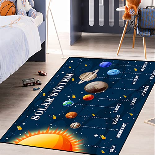 Boys Space Area Rugs for Bedroom Educational Learning Large Carpet Rug Indoor Sofa Floor Mats Solar System Space Theme Living Bedroom Dining Room Decor Crystal Polyester Area Rug Door Mats, 3'×5'