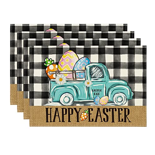 Artoid Mode Buffalo Plaid Carrot Egg Truck Daisy Happy Easter Placemats Set of 4, 12x18 Inch Seasonal Table Mats for Party Kitchen Dining Decoration