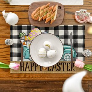 Artoid Mode Buffalo Plaid Carrot Egg Truck Daisy Happy Easter Placemats Set of 4, 12x18 Inch Seasonal Table Mats for Party Kitchen Dining Decoration