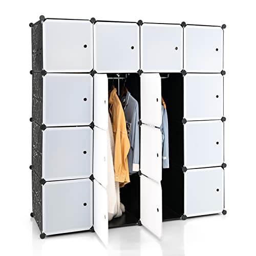 GOFLAME Portable Wardrobe Closet, 16-Cube Storage Organizer with 16 Doors & 2 Hanging Rods, Modular Clothes Dresser, Bedroom Armoire, Cube Shelf Cabinet for Clothes, Toys, Towels, Books, Tools