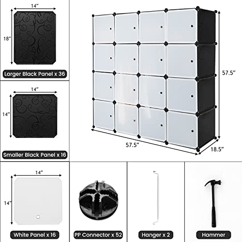 GOFLAME Portable Wardrobe Closet, 16-Cube Storage Organizer with 16 Doors & 2 Hanging Rods, Modular Clothes Dresser, Bedroom Armoire, Cube Shelf Cabinet for Clothes, Toys, Towels, Books, Tools