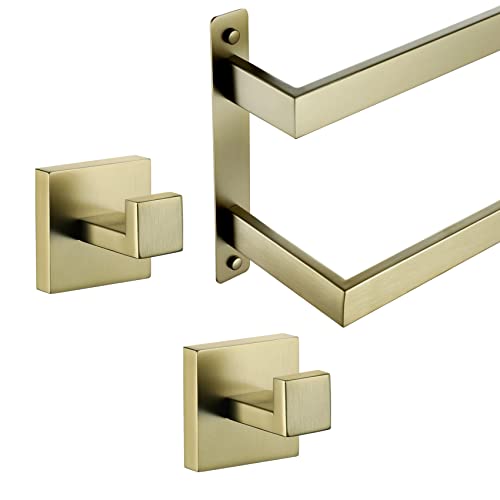 KOKOSIRI 24'' Towel Bars Bathroom 2-Tiers Ladder Bath Towel Hook Wall Mount Square Robe Hook Coat Hook Brushed Gold B5008BG-L24+B1010BG-P2