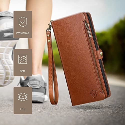 XcaseBar for Samsung Galaxy S23 Ultra Wallet case with Zipper【RFID Blocking】Credit Card Holder, Flip Folio Book PU Leather Phone case Shockproof Cover Women Men for Samsung S23Ultra case Light Coffee