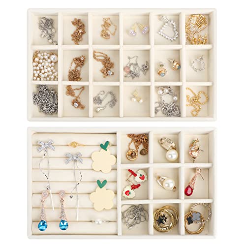 Arqumi 2 Pack Jewelry Trays, Jewelry Display Trays, Velvet Jewelry Display Trays with Multilayer for Earrings Necklace Rings Bracelet, Beige (9-18)