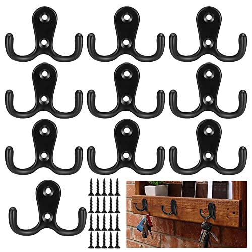 YOUYIDUN 10 Pcs Double Prong Coat Hooks, Heavy Duty Metal Robe Hooks, Black Retro Wall Mounted Clothes Utility Hooks with Screws for Hanging Robe Towels Bags Hats Scarf Key Clothes Coat Hooks