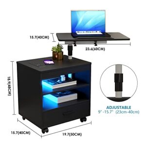 dnbss LED Nightstand with Charging Station & Sockets, Smart Bedside Table, Modern Night Stand for Bedroom, Large Side End Table, 360° Laptop Tray Workstation, Drawer, Open Shelf, Wheel (Black)