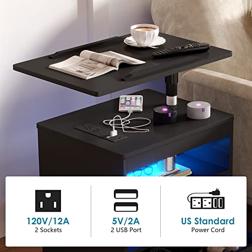 dnbss LED Nightstand with Charging Station & Sockets, Smart Bedside Table, Modern Night Stand for Bedroom, Large Side End Table, 360° Laptop Tray Workstation, Drawer, Open Shelf, Wheel (Black)