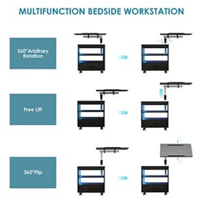 dnbss LED Nightstand with Charging Station & Sockets, Smart Bedside Table, Modern Night Stand for Bedroom, Large Side End Table, 360° Laptop Tray Workstation, Drawer, Open Shelf, Wheel (Black)