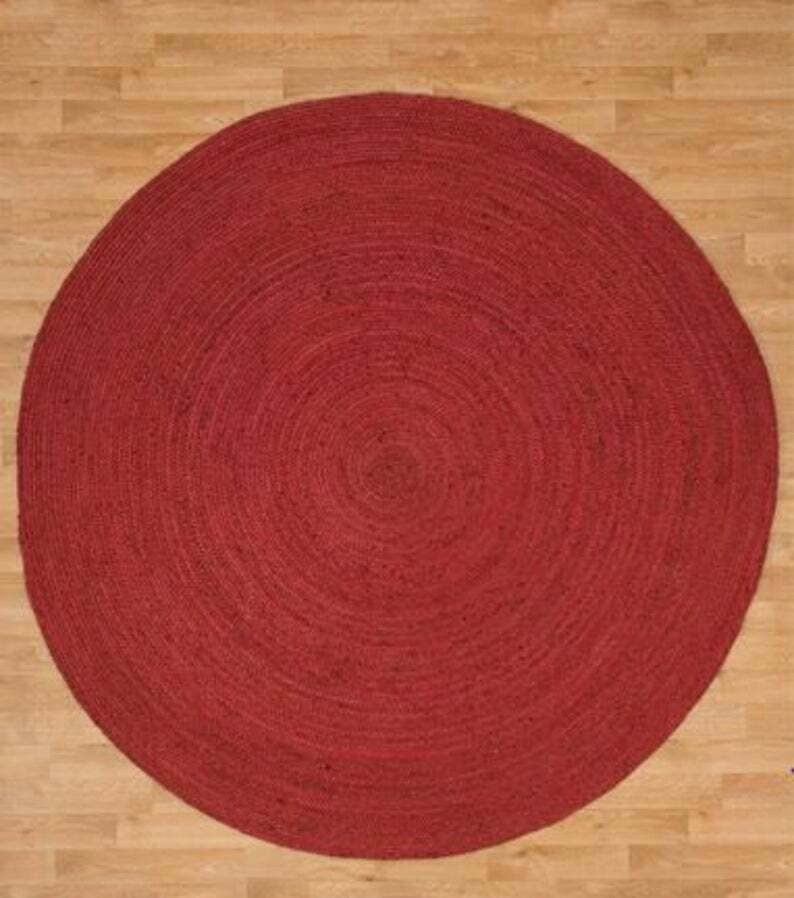 Vipanth Exports Round Jute Rug Farm House Hand Made and Hand Braided Area Rug for Kitchen, Bedroom, Living Room in Customize Sizes (Red, 30 Inches x 30 Inches)