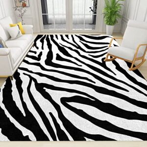 black and white area rugs, zebra skin pattern easy to clean stain kids rugs, machine washable carpet, breathable durable mat for study dining room decor 5' x 8'