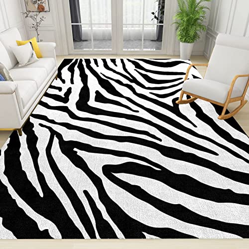 Black and White Area Rugs, Zebra Skin Pattern Easy to Clean Stain Kids Rugs, Machine Washable Carpet, Breathable Durable Mat for Study Dining Room Decor 5' x 8'