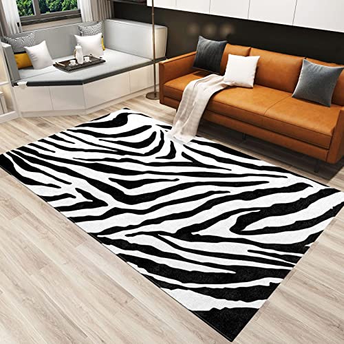 Black and White Area Rugs, Zebra Skin Pattern Easy to Clean Stain Kids Rugs, Machine Washable Carpet, Breathable Durable Mat for Study Dining Room Decor 5' x 8'